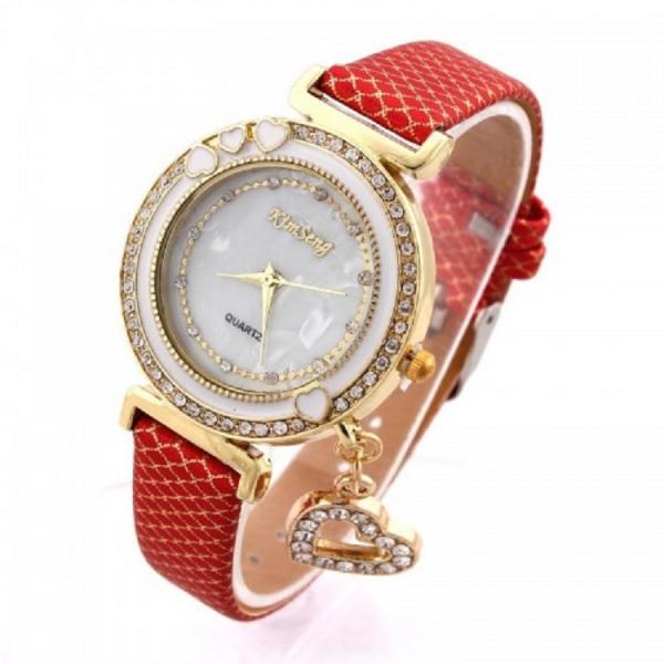 Quartz Women's Rhinestone Heart Pendant Leather Band Wrist Watch - Red ...
